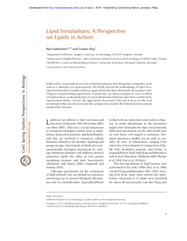 (PDF) Lipid simulations: a perspective on lipids in action