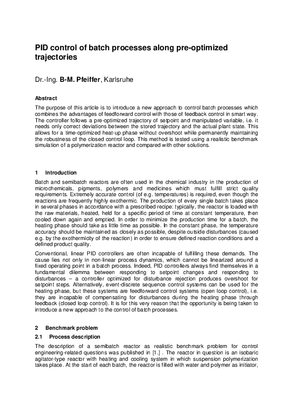 (PDF) PID control of batch processes along pre-optimised trajectories