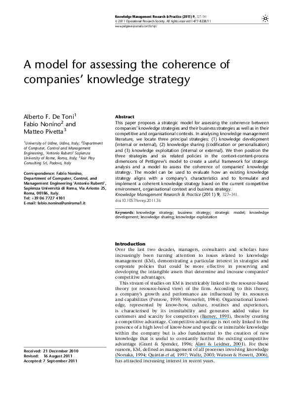 (PDF) A model for assessing the coherence of companies’ knowledge strategy