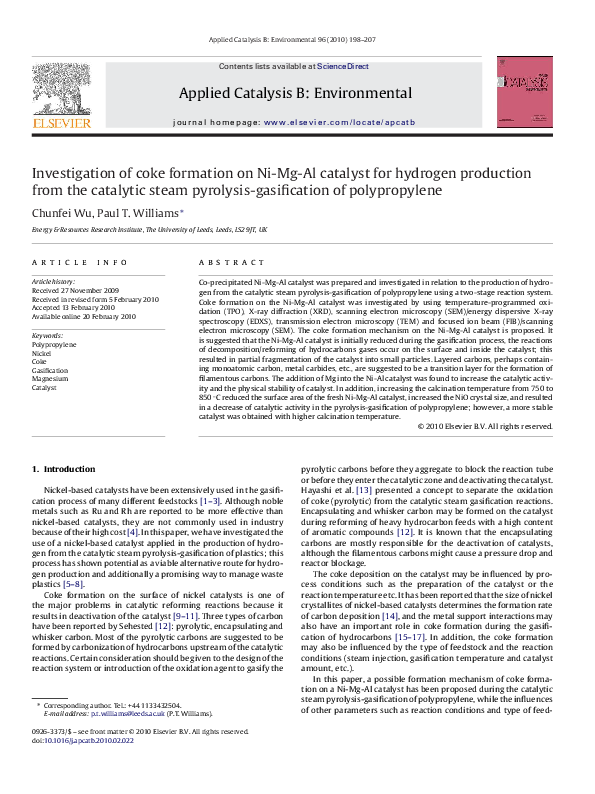 (PDF) Investigation of coke formation on Ni-Mg-Al catalyst for hydrogen ...