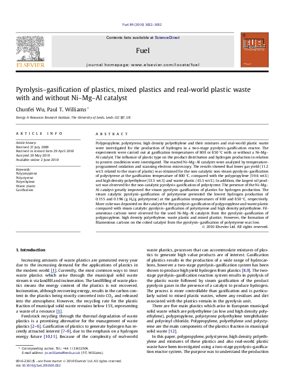(PDF) Pyrolysis–gasification of plastics, mixed plastics and real-world ...