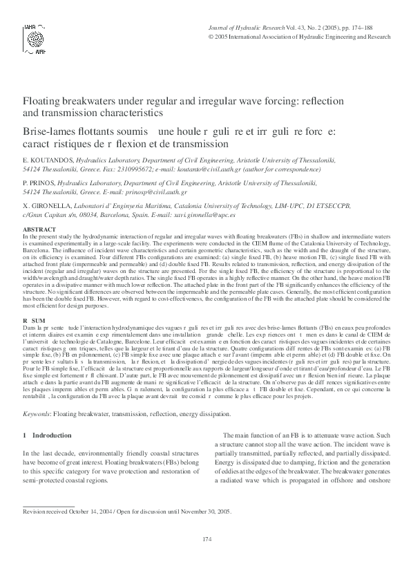 (PDF) Floating breakwaters under regular and irregular wave forcing: reflection and transmission ...