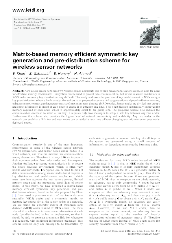 (PDF) Matrix-based memory efficient symmetric key generation and pre-distribution scheme for ...
