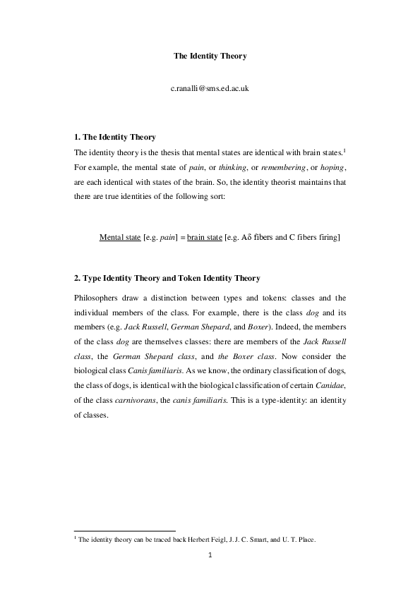 (PDF) Metaphysics of Mind: Identity Theory