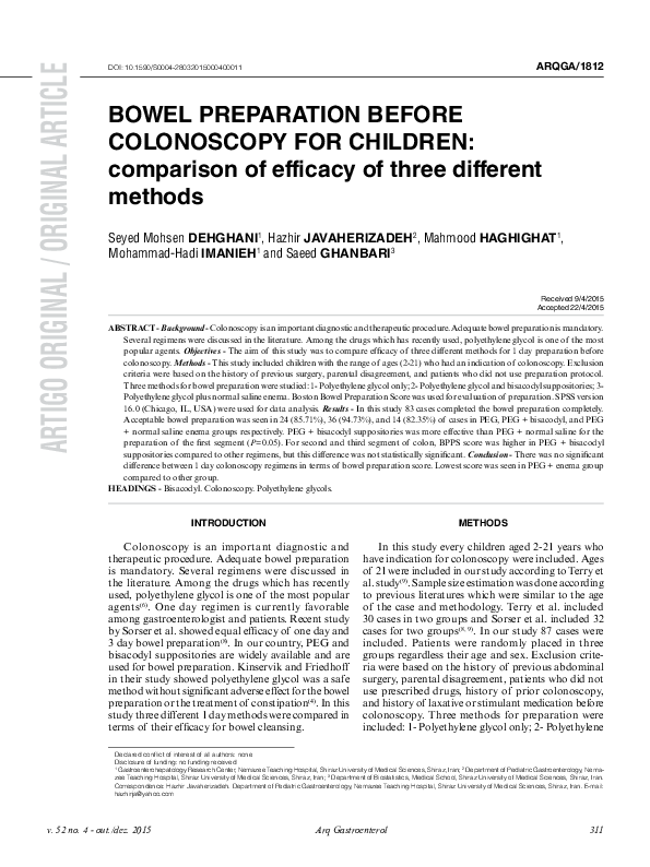 (PDF) BOWEL PREPARATION BEFORE COLONOSCOPY FOR CHILDREN: comparison of ...