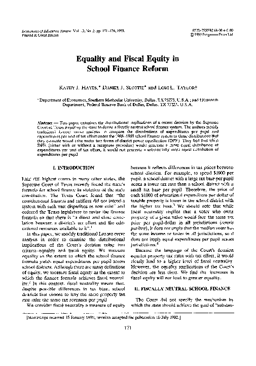 (PDF) Equality and fiscal equity in school finance reform