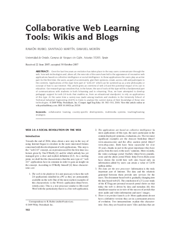 (PDF) Collaborative web learning tools: Wikis and blogs