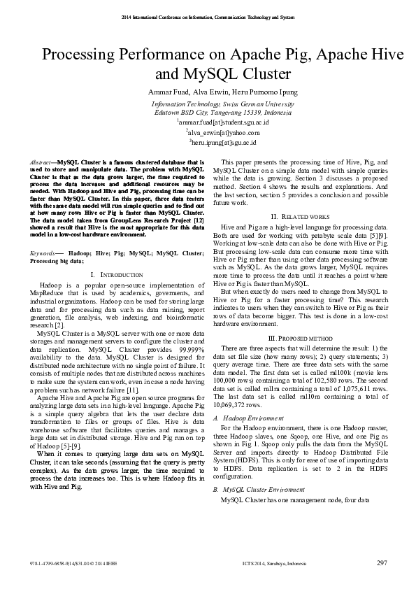 (PDF) Processing Performance on Apache Pig, Apache Hive and MySQL Cluster