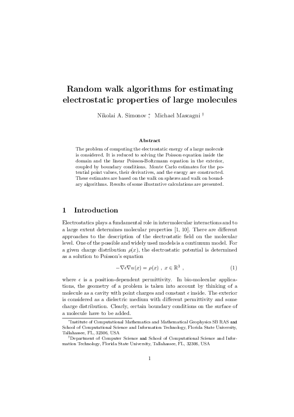 Pdf Random Walk Algorithms For Estimating Electrostatic Properties Of Large Molecules