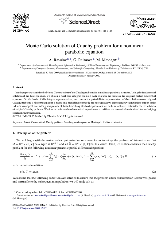 Pdf Monte Carlo Solution Of Cauchy Problem For A Nonlinear Parabolic Equation