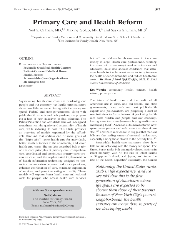 (PDF) Primary Care and Health Reform