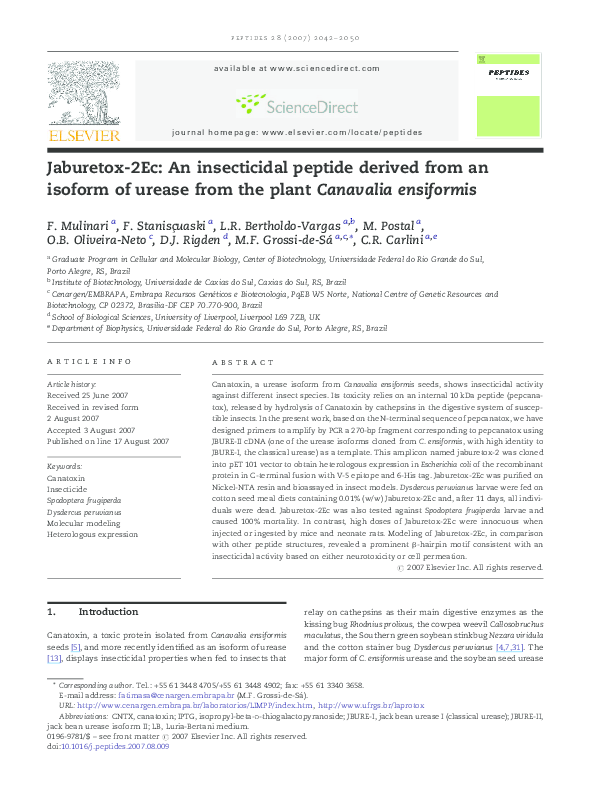 (PDF) Jaburetox-2Ec: An insecticidal peptide derived from an isoform of ...