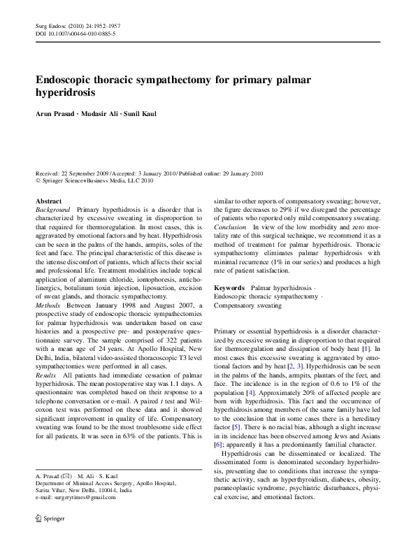 (PDF) Endoscopic thoracic sympathectomy for primary palmar hyperidrosis