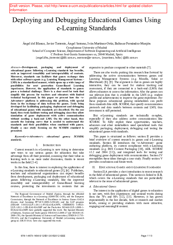 (PDF) Deploying and debugging educational games using e-Learning standards