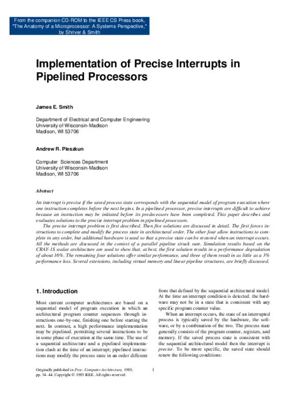 (PDF) Implementation of precise interrupts in pipelined processors