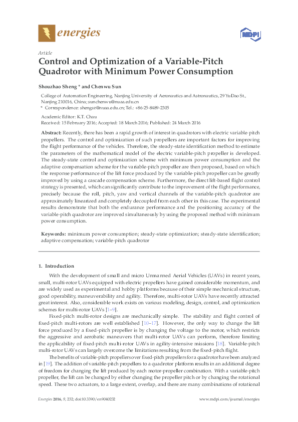 (PDF) Control and Optimization of a Variable-Pitch Quadrotor with Minimum Power Consumption