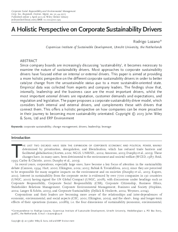 (PDF) A holistic perspective on corporate sustainability drivers