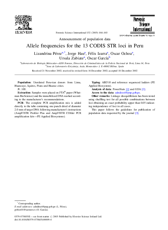 (PDF) Allele frequencies for the 13 CODIS STR loci in Peru