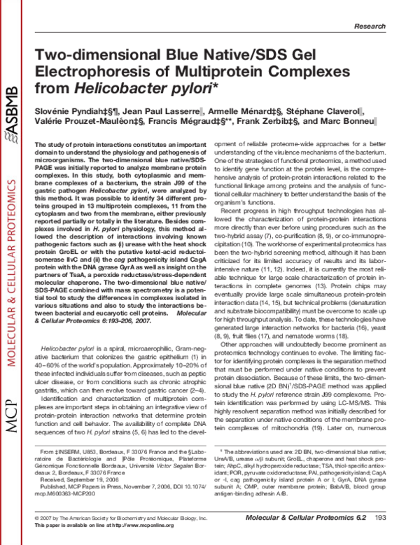 (PDF) Two-dimensional Blue Native/SDS Gel Electrophoresis of ...