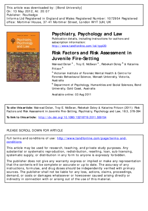 (PDF) Risk Factors and Risk Assessment in Juvenile Fire-Setting