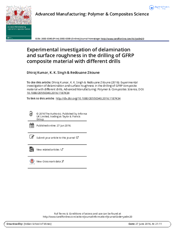 Pdf Experimental Investigation Of Delamination And Surface Roughness In The Drilling Of Gfrp