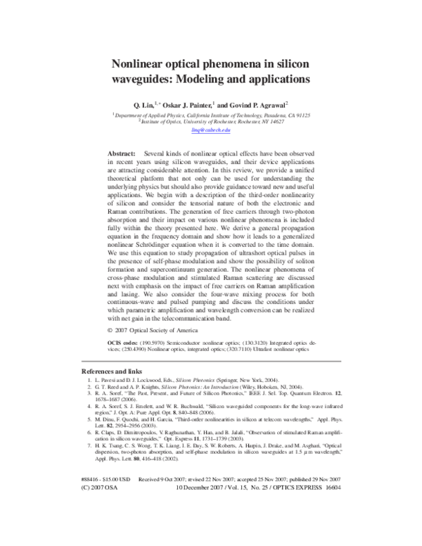 (PDF) Nonlinear optical phenomena in silicon waveguides: modeling and applications