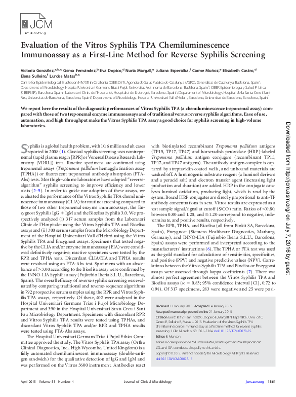 (PDF) Evaluation of the VITROS Syphilis TPA chemiluminescence ...