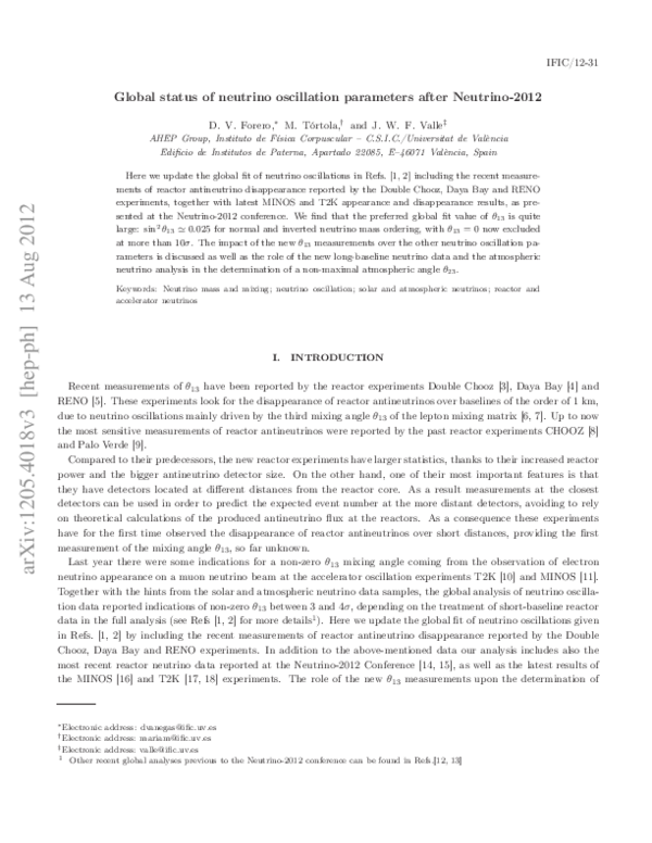 (PDF) Global status of neutrino oscillation parameters after Neutrino-2012