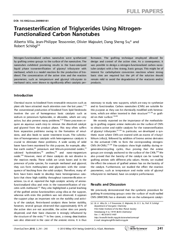 (PDF) Transesterification of Triglycerides Using Nitrogen-Functionalized Carbon Nanotubes