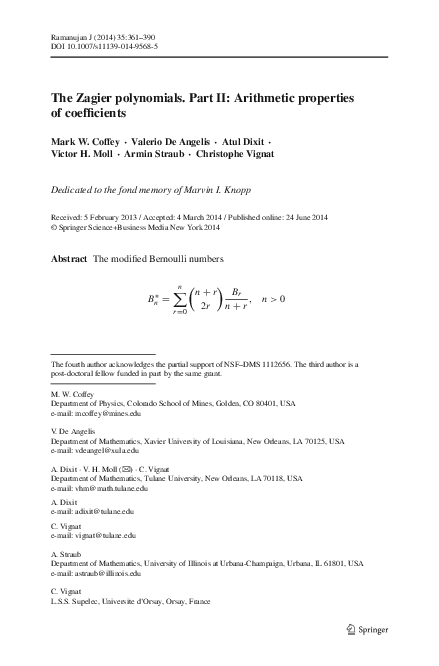 Pdf The Zagier Polynomials Part Ii Arithmetic Properties Of