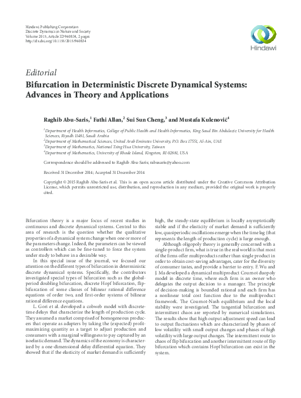 (PDF) Bifurcation in Deterministic Discrete Dynamical Systems: Advances in Theory and Applications