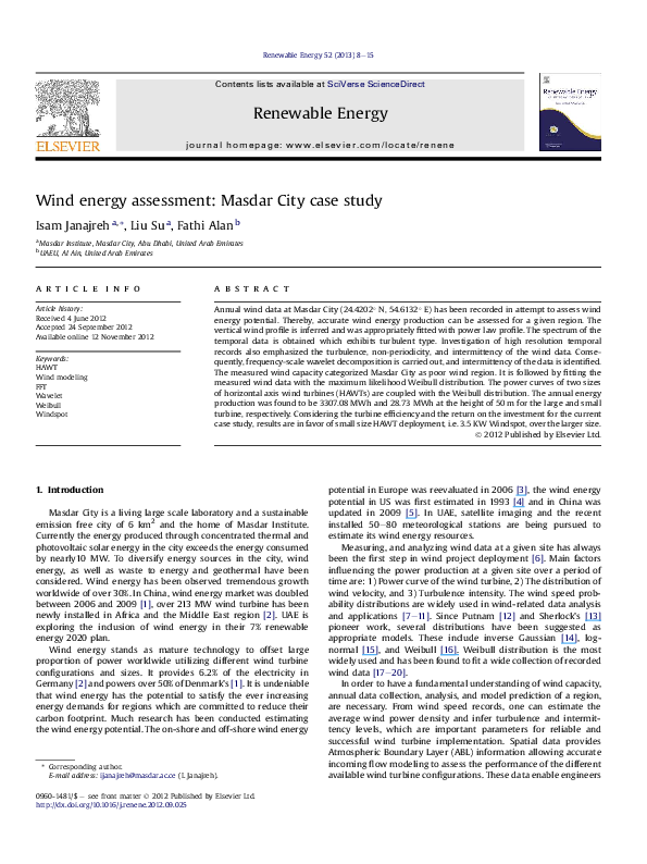 (PDF) Wind energy assessment: Masdar City case study