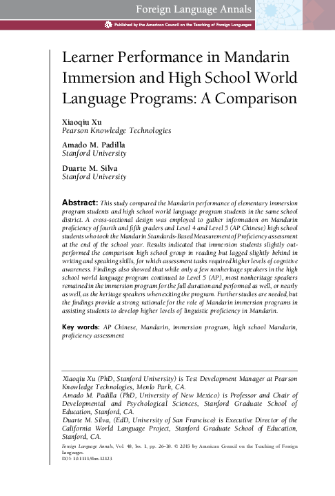 (PDF) Learner Performance in Mandarin Immersion and High School World ...