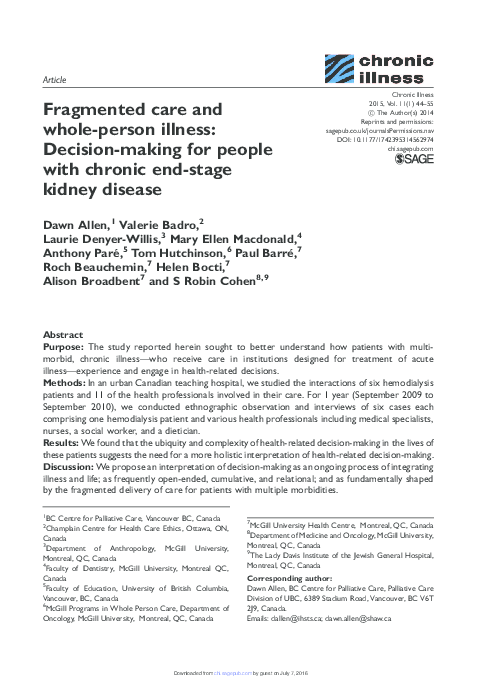 (PDF) Fragmented care and whole-person illness: Decision-making for ...