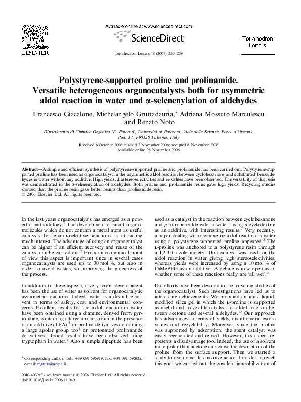 (PDF) Polystyrene-supported proline and prolinamide. Versatile ...