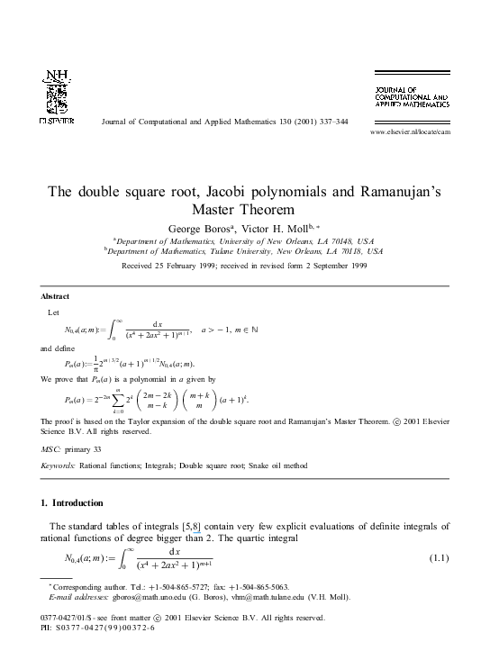 (PDF) The double square root, Jacobi polynomials and Ramanujan's Master ...