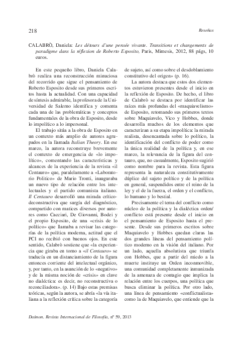 (PDF) Reseña sobre Daniela Calabró, Les détours d'une pensée vivante