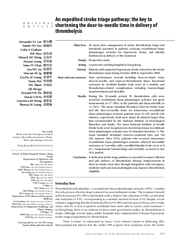 (PDF) An expedited stroke triage pathway: the key to shortening the ...