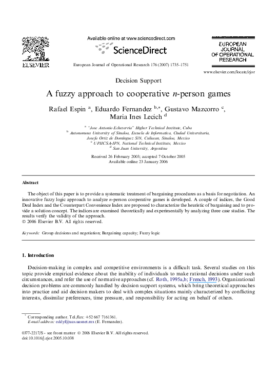 (PDF) A fuzzy approach to cooperative n-person games