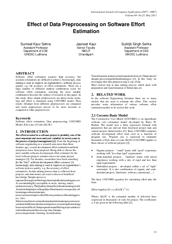Pdf Effect Of Data Preprocessing On Software Effort Estimation