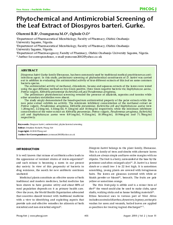 (PDF) Phytochemical and Antimicrobial Screening of the Leaf Extract of Diospyros barteri. Gurke