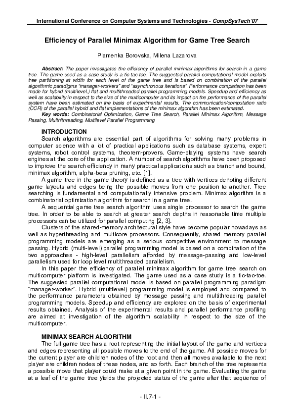 Pdf Efficiency Of Parallel Minimax Algorithm For Game Tree Search