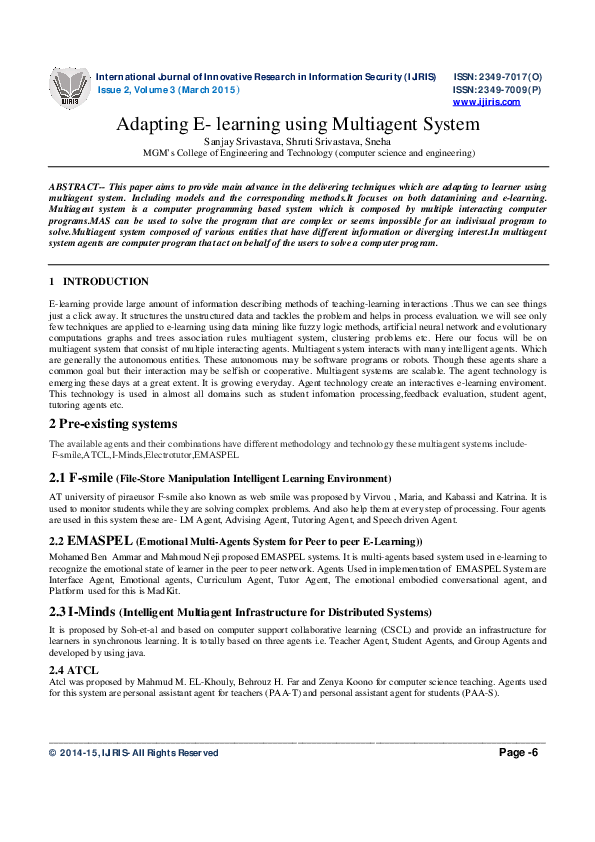 (PDF) Adapting E-learning using Multiagent System | IJIRIS Journal Division - Academia.edu