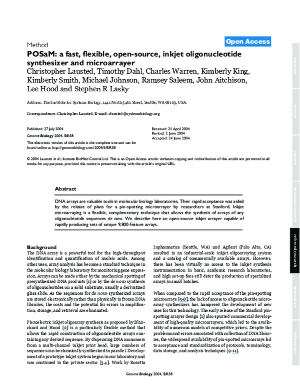 (PDF) POSaM: a fast, flexible, open-source, inkjet oligonucleotide synthesizer and microarrayer