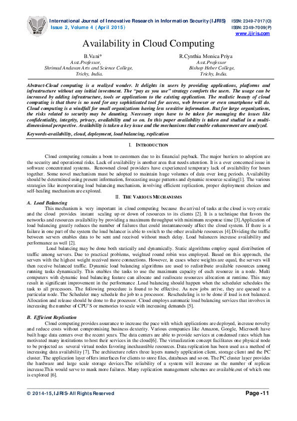 Pdf Availability In Cloud Computing