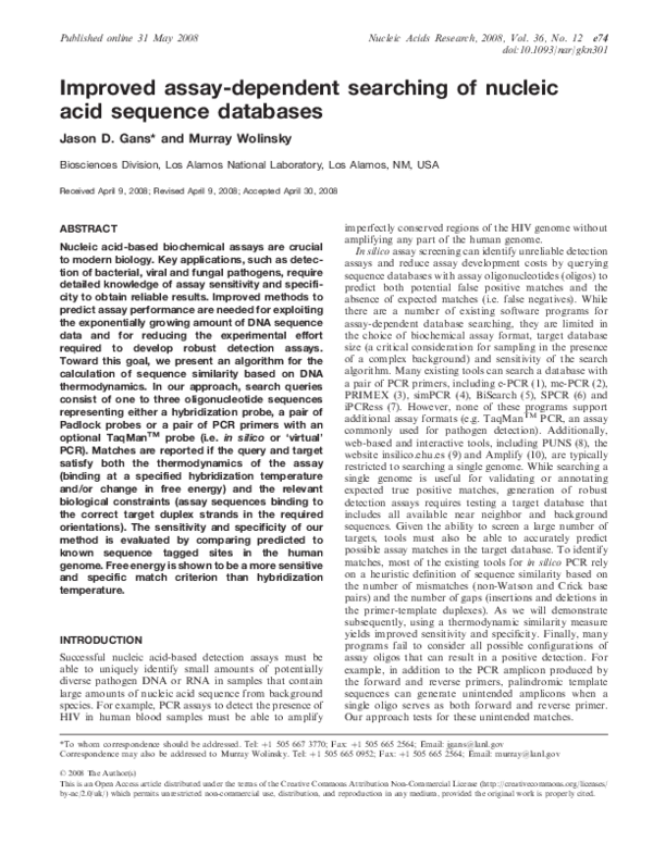 (PDF) Improved assay-dependent searching of nucleic acid sequence databases