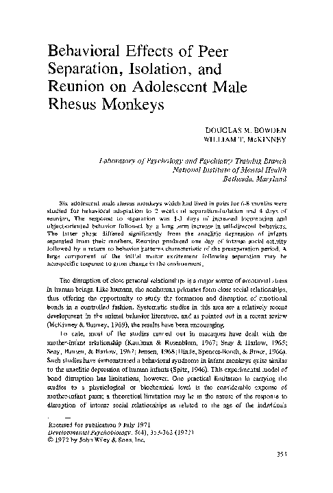 (PDF) Behavioral effects of peer separation, isolation, and reunion on ...