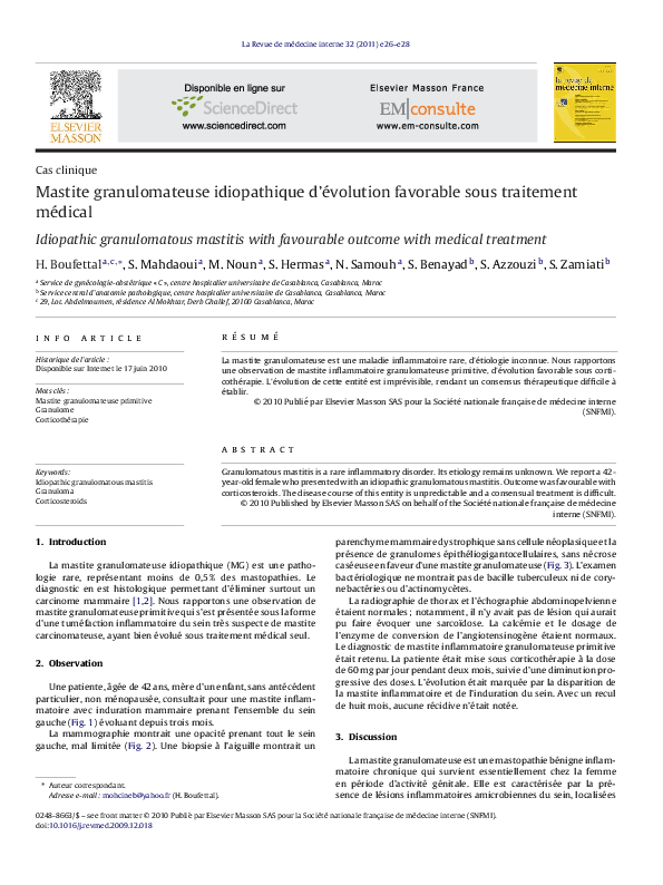 (PDF) Mastite granulomateuse idiopathique d’évolution favorable sous ...