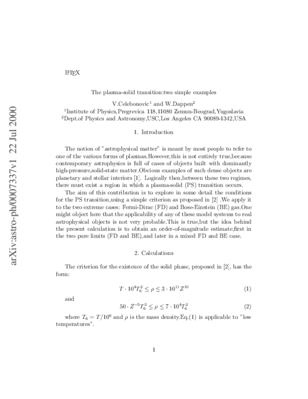 (PDF) The plasma-solid transition:two simple examples