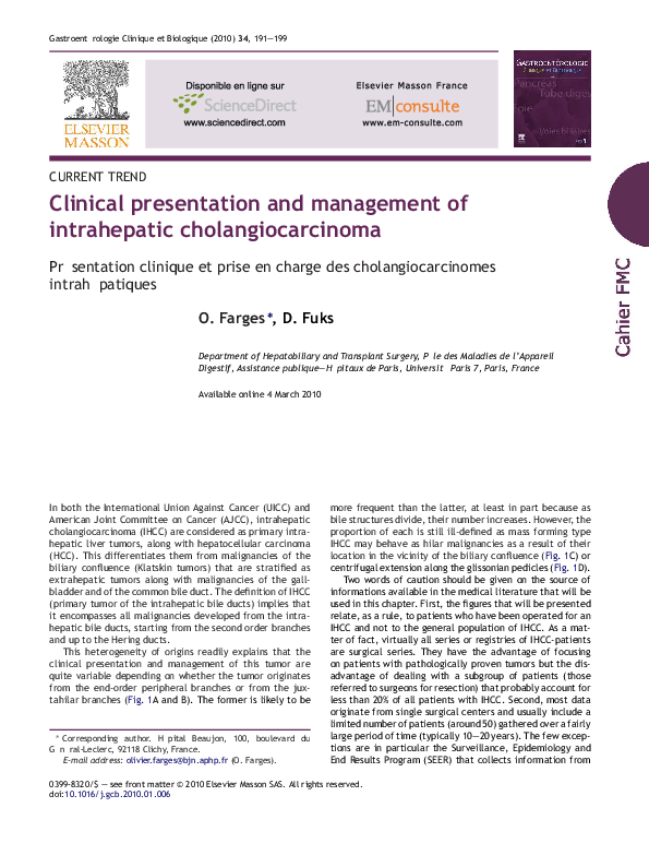 (PDF) Clinical presentation and management of intrahepatic cholangiocarcinoma